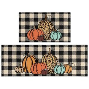 xsinufn fall kitchen rugs and mats set of 2, autumn thanksgiving farmhouse floor rug non-slip absorbent washable, fall kitchen decor buffalo plaid pumpkins rug - 17x30 and 17x47 inch