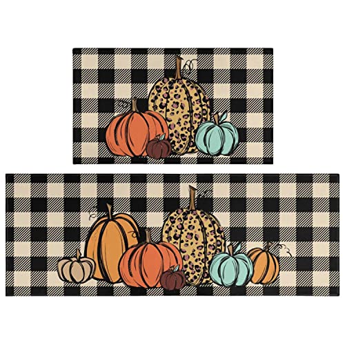 Xsinufn Fall Kitchen Rugs and Mats Set of 2, Autumn Thanksgiving Farmhouse Floor Rug Non-Slip Absorbent Washable, Fall Kitchen Decor Buffalo Plaid Pumpkins Rug - 17x30 and 17x47 Inch