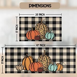 Xsinufn Fall Kitchen Rugs and Mats Set of 2, Autumn Thanksgiving Farmhouse Floor Rug Non-Slip Absorbent Washable, Fall Kitchen Decor Buffalo Plaid Pumpkins Rug - 17x30 and 17x47 Inch