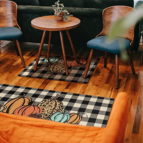 Xsinufn Fall Kitchen Rugs and Mats Set of 2, Autumn Thanksgiving Farmhouse Floor Rug Non-Slip Absorbent Washable, Fall Kitchen Decor Buffalo Plaid Pumpkins Rug - 17x30 and 17x47 Inch