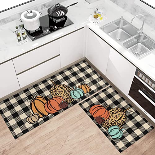 Xsinufn Fall Kitchen Rugs and Mats Set of 2, Autumn Thanksgiving Farmhouse Floor Rug Non-Slip Absorbent Washable, Fall Kitchen Decor Buffalo Plaid Pumpkins Rug - 17x30 and 17x47 Inch