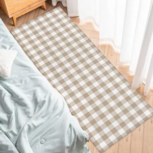 kitchen runner rug, country rural style khaki and white gingham buffalo check non slip runner carpet door mats floor mat for laundry bedside bathroom bedroom 15.7"x47.2"