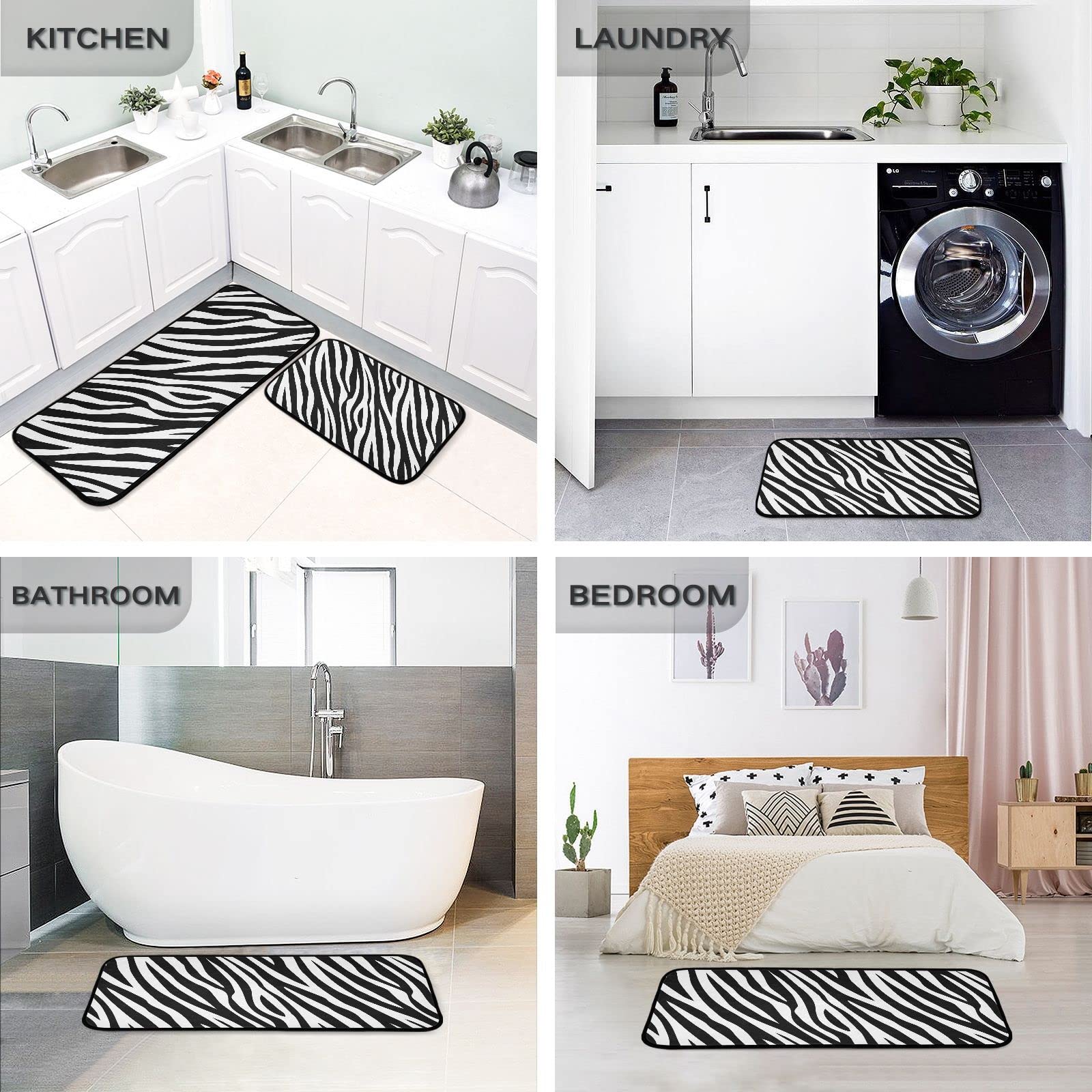 Bulletgxll Kitchen Mats 2 Piece Set Zebra Print Non Skid Washable Comfort Standing Mat Sink Floor Rugs for Kitchen, Bathroom, Living Room, Office, Laundry