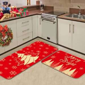 Merry Christmas Kitchen Rugs Set of 2 Red Farmhouse Decorative Rubber Backing Xmas Winter Holiday Floor Mat Anti-slip Merry & Bright Decorations for Indoor Outdoor Home Kitchen 17x28 and 17x47 Inch