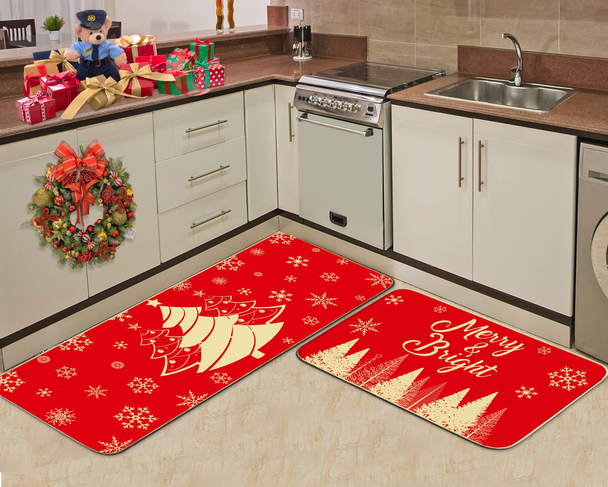 Merry Christmas Kitchen Rugs Set of 2 Red Farmhouse Decorative Rubber Backing Xmas Winter Holiday Floor Mat Anti-slip Merry & Bright Decorations for Indoor Outdoor Home Kitchen 17x28 and 17x47 Inch