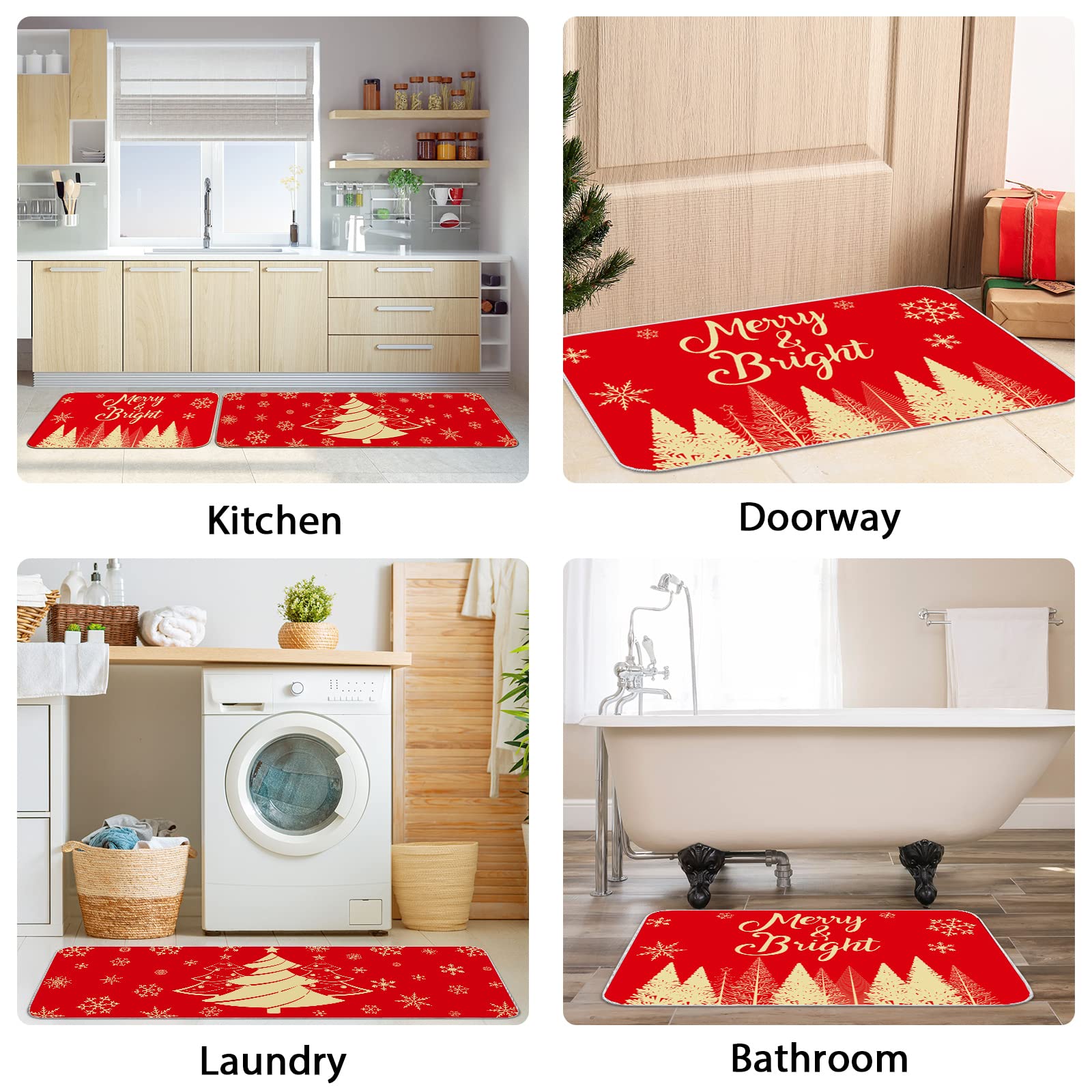 Merry Christmas Kitchen Rugs Set of 2 Red Farmhouse Decorative Rubber Backing Xmas Winter Holiday Floor Mat Anti-slip Merry & Bright Decorations for Indoor Outdoor Home Kitchen 17x28 and 17x47 Inch