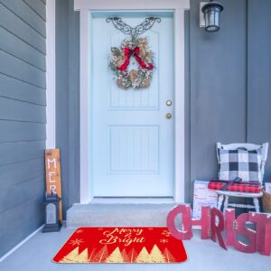 Merry Christmas Kitchen Rugs Set of 2 Red Farmhouse Decorative Rubber Backing Xmas Winter Holiday Floor Mat Anti-slip Merry & Bright Decorations for Indoor Outdoor Home Kitchen 17x28 and 17x47 Inch