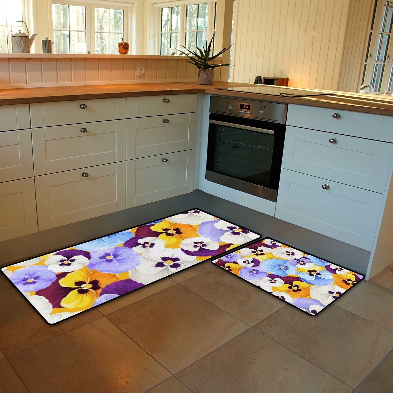 Kitchen Rugs and Mats Set of 2 Pieces Anti Fatigue Standing Mat Colorful Pansy Flowers Non Slip Washable Comfort Flooring Carpet Runner for Kitchen Home