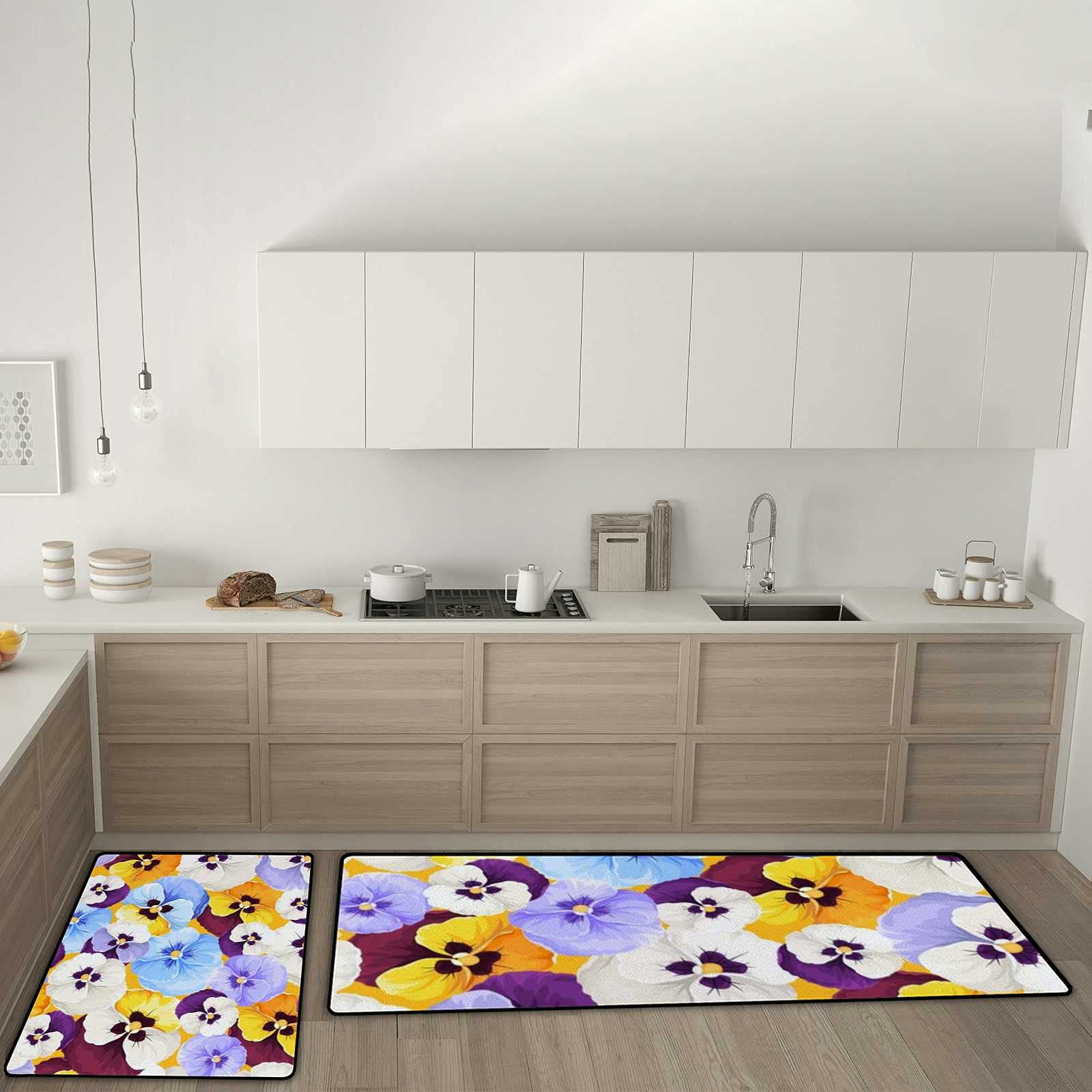 Kitchen Rugs and Mats Set of 2 Pieces Anti Fatigue Standing Mat Colorful Pansy Flowers Non Slip Washable Comfort Flooring Carpet Runner for Kitchen Home