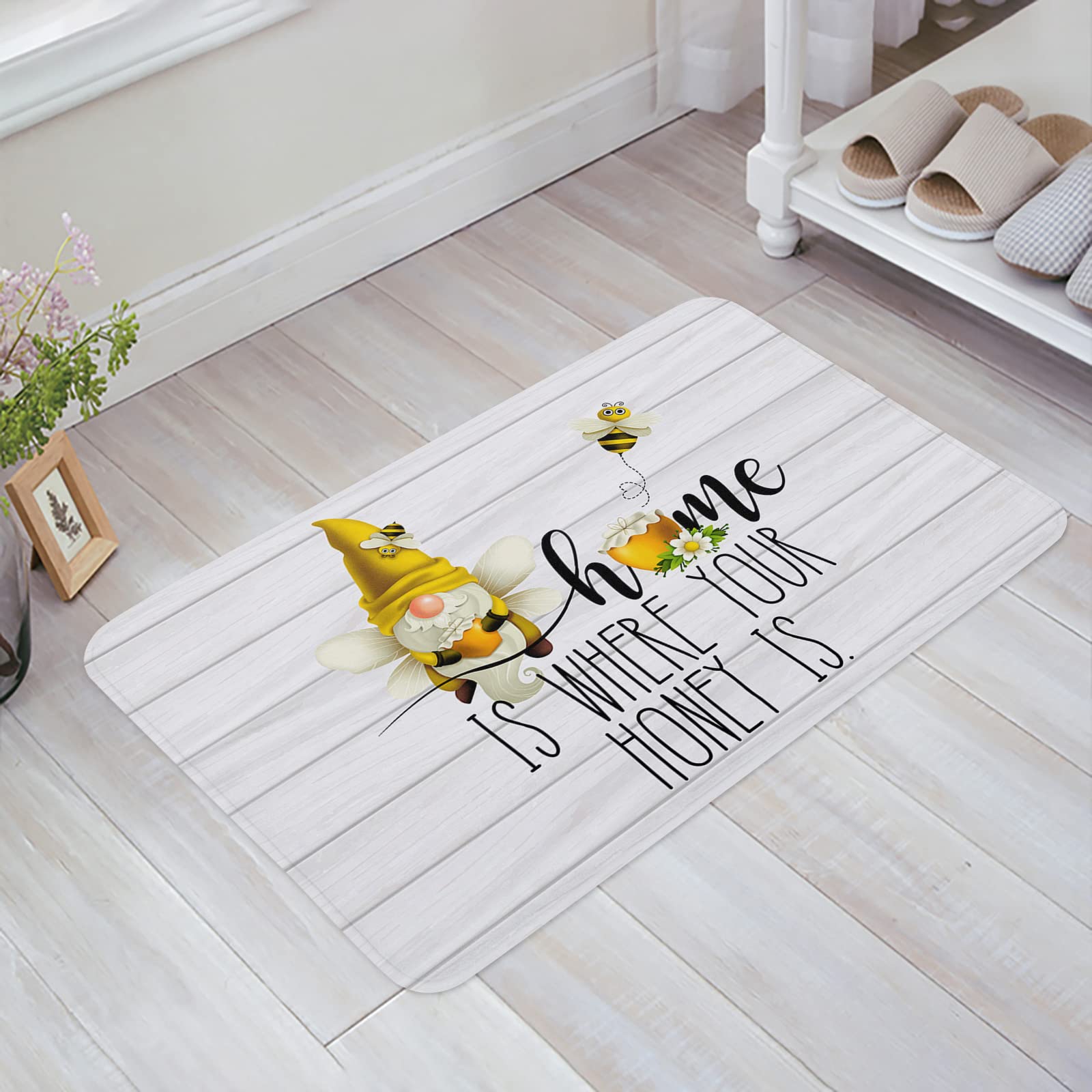 Sabolny Honey Gnomes Bee Comb Kitchen Runner Rug Mat, Bath Shower Bathtub Welcome Door Floor Mat, Farmhouse Daisy Floral Wooden Washable Indoor Outdoor Throw Entry Area Rug Doormat