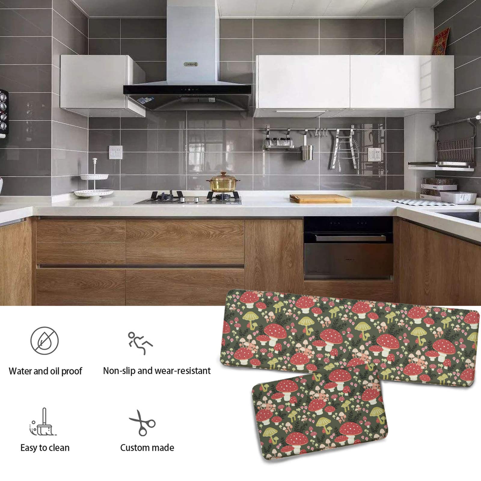 YouTary Mushrooms Pattern Kitchen Rug Set 2 PCS Floor Mats Washable Non-Slip Soft Flannel Runner Rug Doormat Carpet for Kitchen Bathroom Laundry