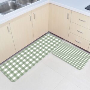 sage green buffalo plaid kitchen rug set 2 pieces non-slip entryway doormat, farmhouse green white checkered cushioned runner rug standing floor rugs door mats, (20" x 32"+20" x 63")