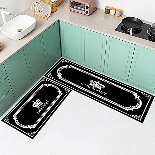 Kitchen Rugs and Mats Non Skid Washable Super Absorbent Microfiber Kitchen Mat Modern Non Slip Runner Carpets Black and White Crown Kitchen Rugs for Floor, Kitchen, Bedroom, Sink, Laundry (2 pcs)