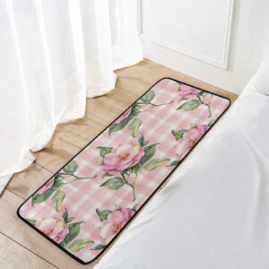 Pink Rose Plaid Kitchen Rug Door Mat Bath Rug Home Decor Floor Mat Non-Slip Carpet for Kitchen Living Bedroom 39 x 20 Inch