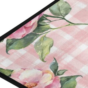 Pink Rose Plaid Kitchen Rug Door Mat Bath Rug Home Decor Floor Mat Non-Slip Carpet for Kitchen Living Bedroom 39 x 20 Inch