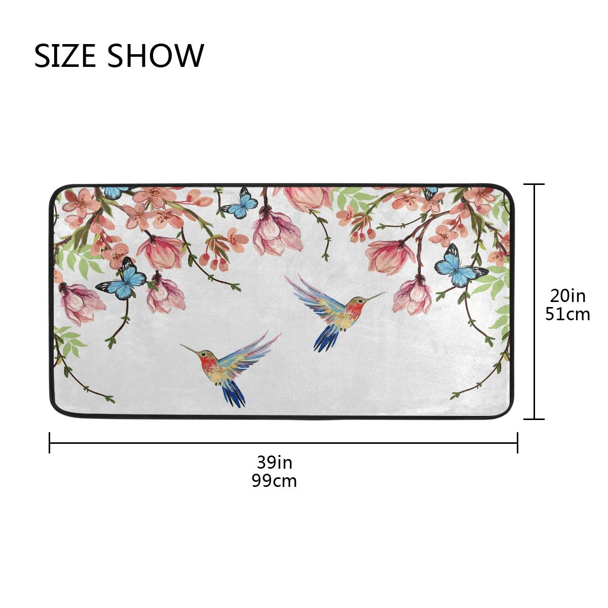 MOYYO Kitchen Mat Tropical Flower Butterfly Hummingbird Kitchen Rug Mat Anti-Fatigue Comfort Floor Mat Non Slip Oil Stain Resistant Easy to Clean Kitchen Rug Bath Rug Carpet for Indoor Outdoor Doormat