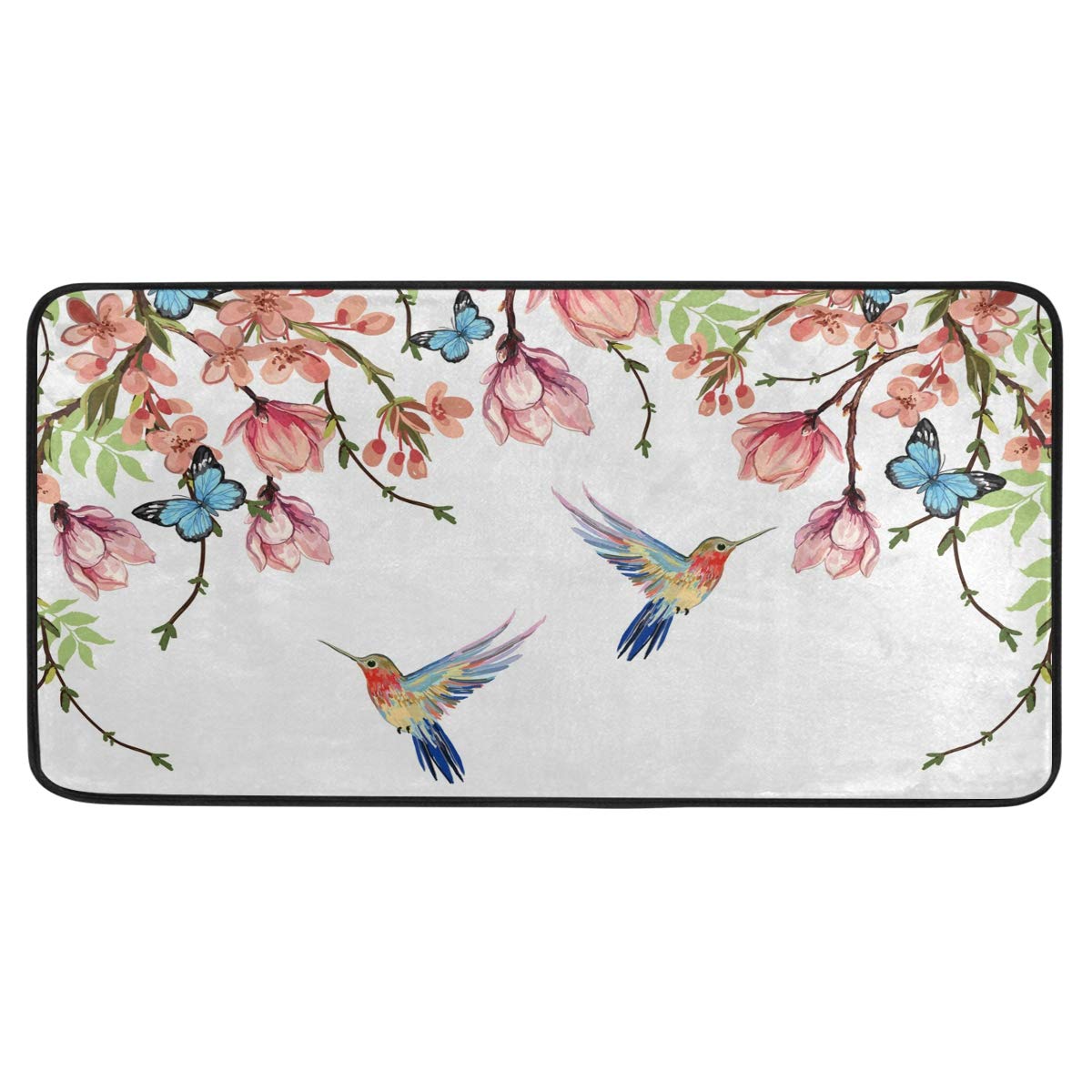 MOYYO Kitchen Mat Tropical Flower Butterfly Hummingbird Kitchen Rug Mat Anti-Fatigue Comfort Floor Mat Non Slip Oil Stain Resistant Easy to Clean Kitchen Rug Bath Rug Carpet for Indoor Outdoor Doormat