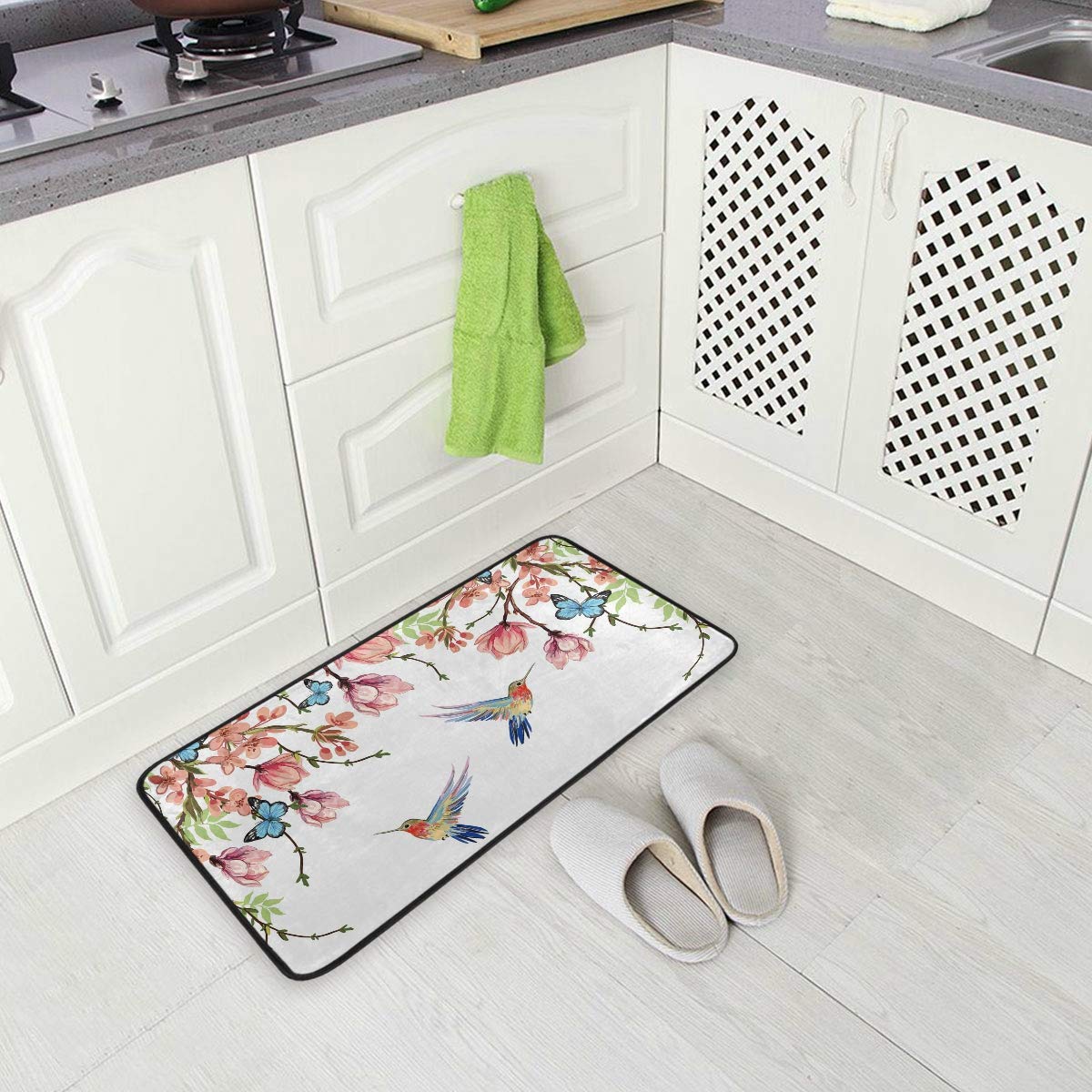 MOYYO Kitchen Mat Tropical Flower Butterfly Hummingbird Kitchen Rug Mat Anti-Fatigue Comfort Floor Mat Non Slip Oil Stain Resistant Easy to Clean Kitchen Rug Bath Rug Carpet for Indoor Outdoor Doormat