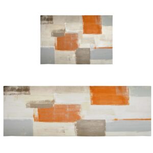 orange kitchen rugs and mats set of 2, orange brown beige non-skid soft absorbent kitchen mats set for floor, modern art comfort runner rug carpets for sink, laundry, hallway, dinning room, office