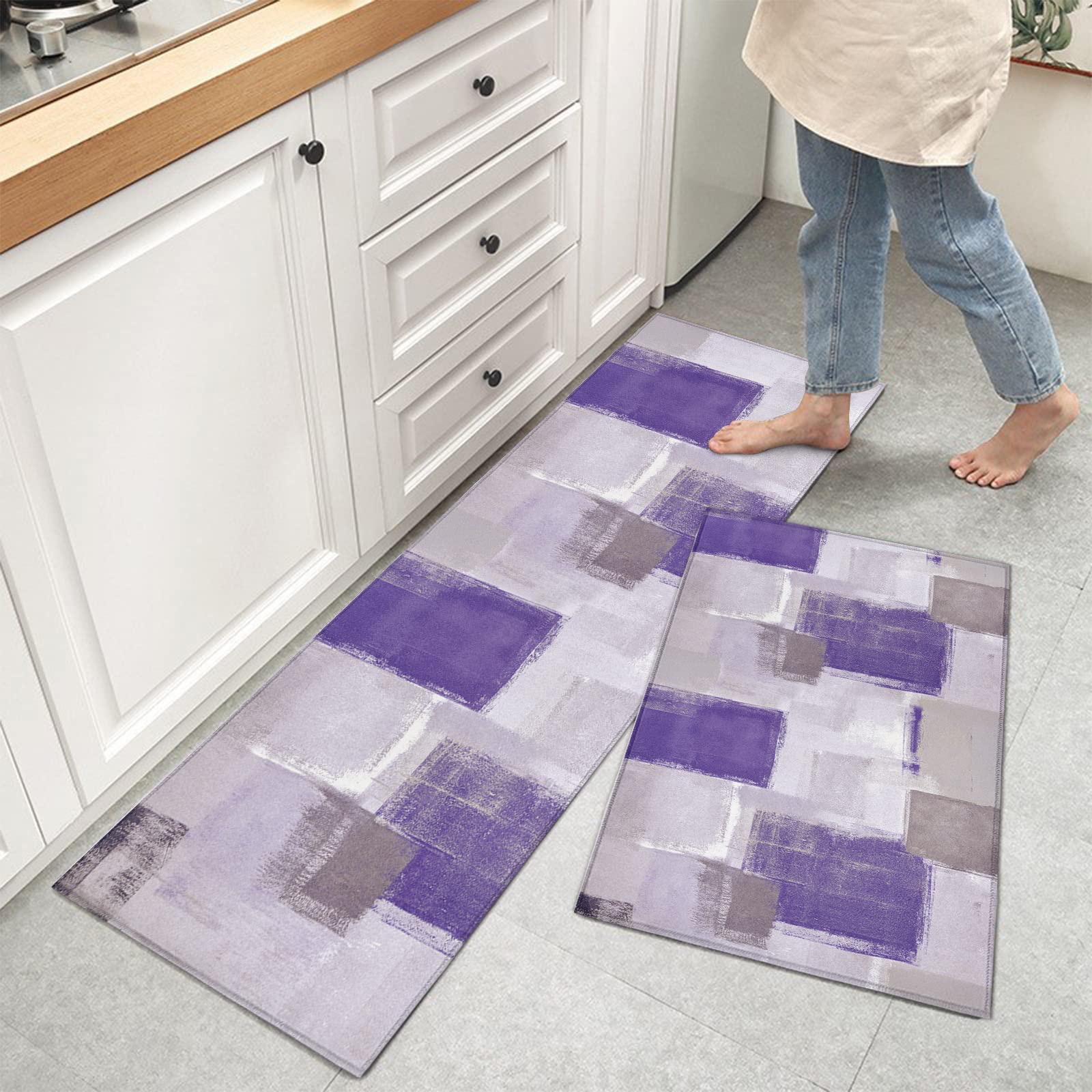 LooPoP Purple Modern Art Abstract Painting Kitchen Mats for Floor Cushioned Anti Fatigue 2 Piece Set Kitchen Runner Rugs Non Skid Washable Purple Smear