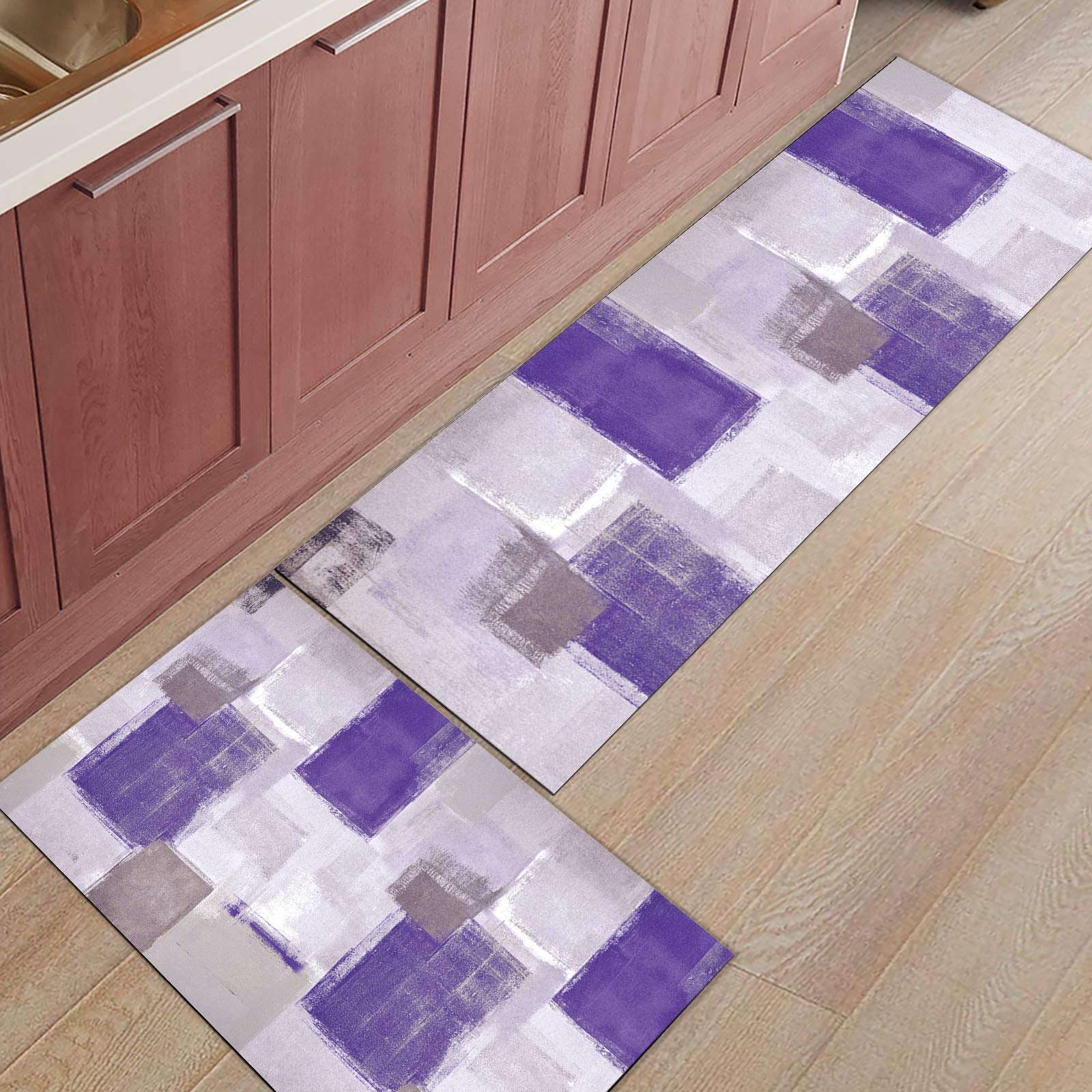 LooPoP Purple Modern Art Abstract Painting Kitchen Mats for Floor Cushioned Anti Fatigue 2 Piece Set Kitchen Runner Rugs Non Skid Washable Purple Smear