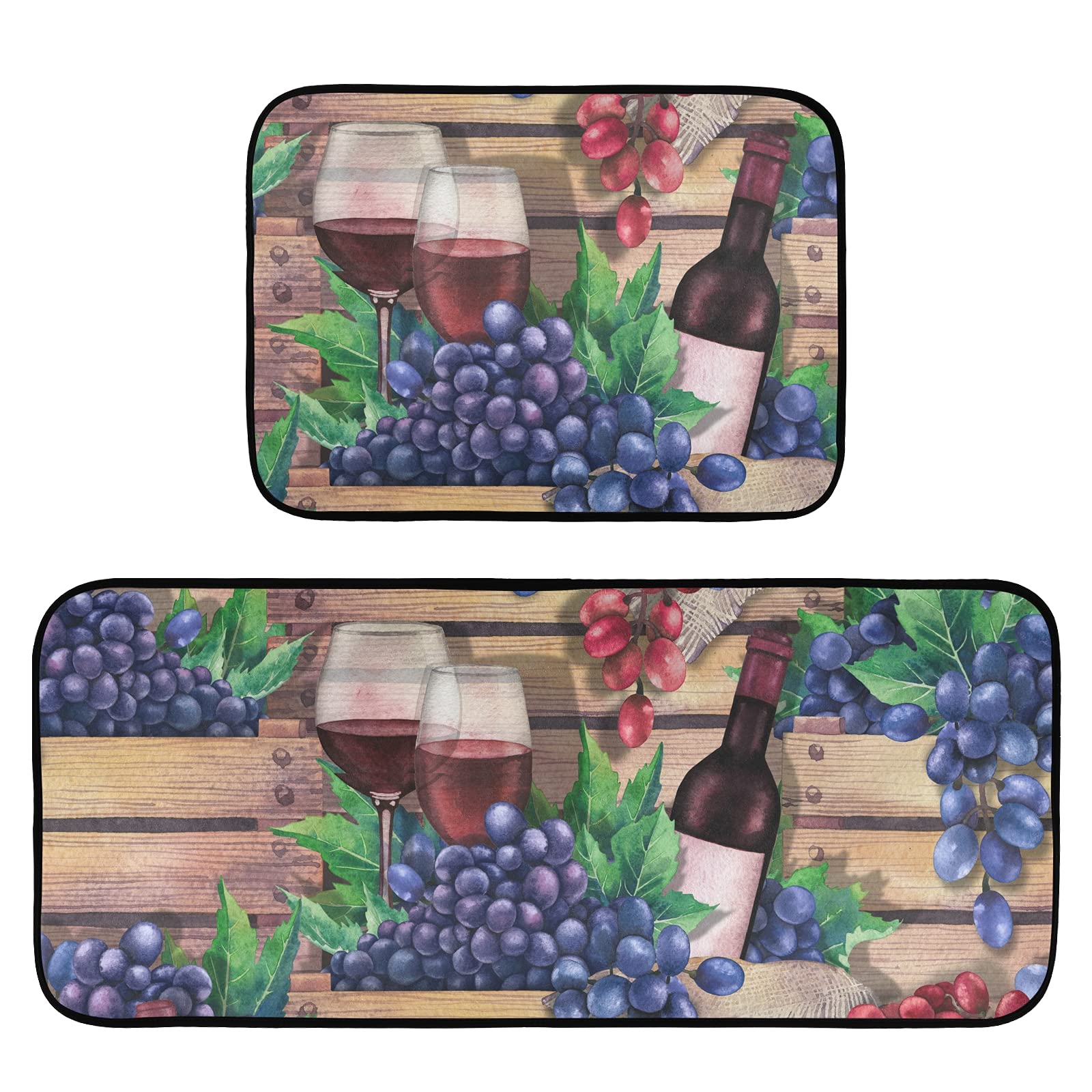 ALAZA Wooden Boxes with Bottles Glasses of Red Wine and Grapes Pattern Kitchen Rug Set, 2 Piece Set, Non-Slip Floor Mat for Living Room Bedroom Dorm Home Decor, 19.7 x 27.6 Inch + 19.7 x 47.2 Inch