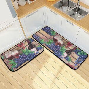 ALAZA Wooden Boxes with Bottles Glasses of Red Wine and Grapes Pattern Kitchen Rug Set, 2 Piece Set, Non-Slip Floor Mat for Living Room Bedroom Dorm Home Decor, 19.7 x 27.6 Inch + 19.7 x 47.2 Inch