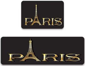 jilangca paris kitchen rug sets 2 pieces gold eiffel tower floor mats vintage drawn france black washable doormat anti fatigue non-slip area runner rugs carpet for bedroom 17.7*47.2+17.5*29.5inch