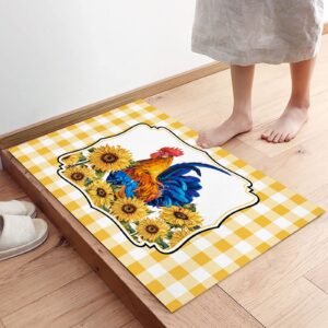 Victories Kitchen Area Rug Pad Set 2 Piece-Non Slip Comfort Cushioned Doormat,Farm Rooster Sunflowers on Buffalo Plaid Yellow Floor Mat Rug Runner Set Kitchen/Living Room/Bedroom Carpet