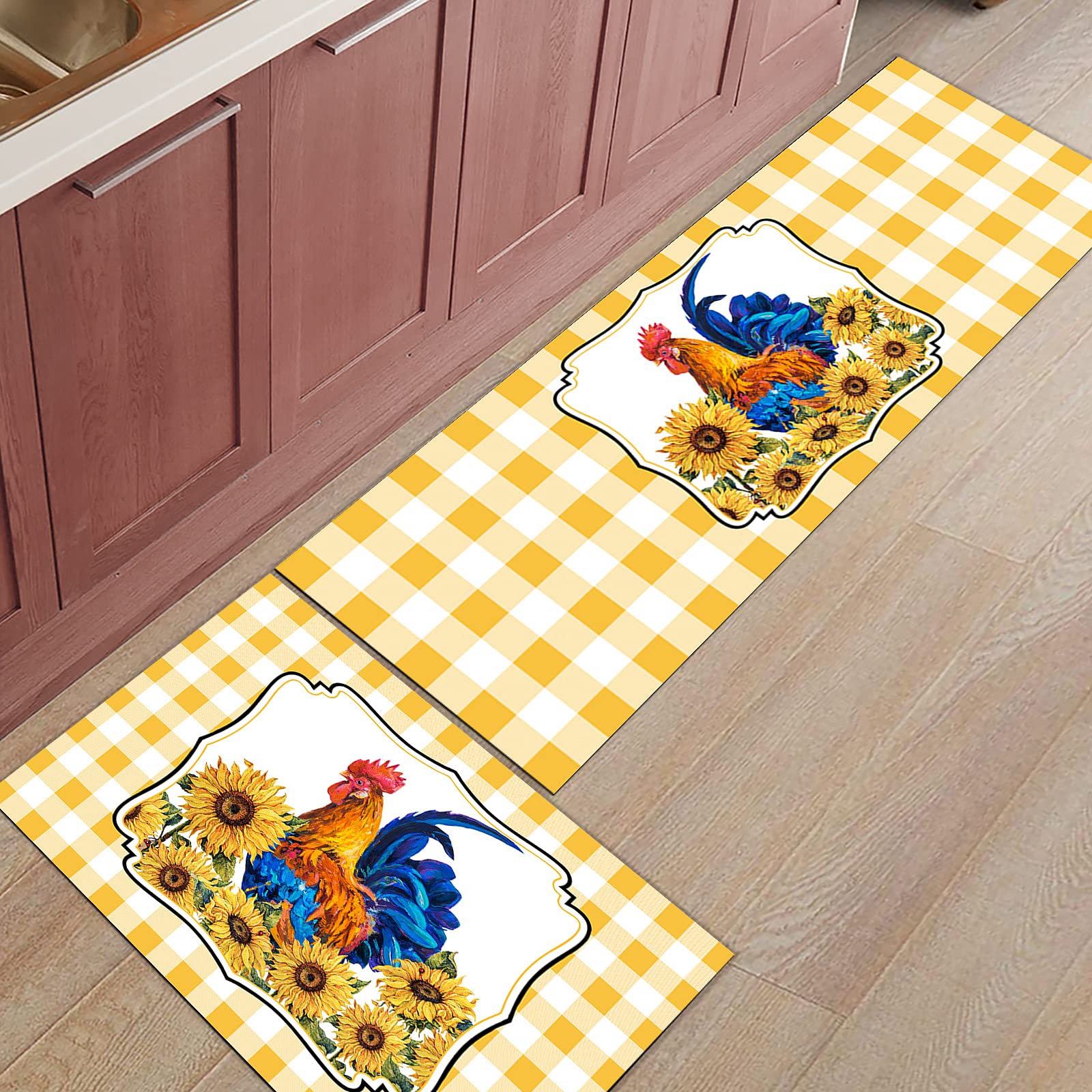 Victories Kitchen Area Rug Pad Set 2 Piece-Non Slip Comfort Cushioned Doormat,Farm Rooster Sunflowers on Buffalo Plaid Yellow Floor Mat Rug Runner Set Kitchen/Living Room/Bedroom Carpet