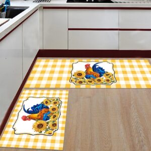 Victories Kitchen Area Rug Pad Set 2 Piece-Non Slip Comfort Cushioned Doormat,Farm Rooster Sunflowers on Buffalo Plaid Yellow Floor Mat Rug Runner Set Kitchen/Living Room/Bedroom Carpet