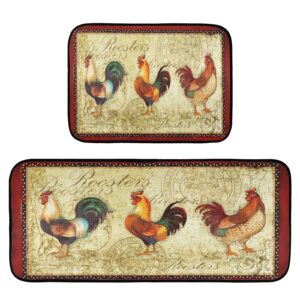 vintage rooster kitchen mat set anti fatigue cushioned kitchen rugs 2 pieces non slip washable carpet floor runner for kitchen inside door bathroom 19.7" x 27.6"+19.7" x 47.2"