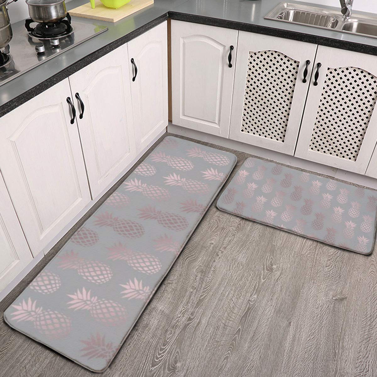 Midetoy Kitchen Rugs and Mats Set Elegant Girly Rose Gold & Grey Pineapple Anti Fatigue Kitchen Rug Non Slip Floor Rugs Indoor Outdoor 17"X48"+17"X24"