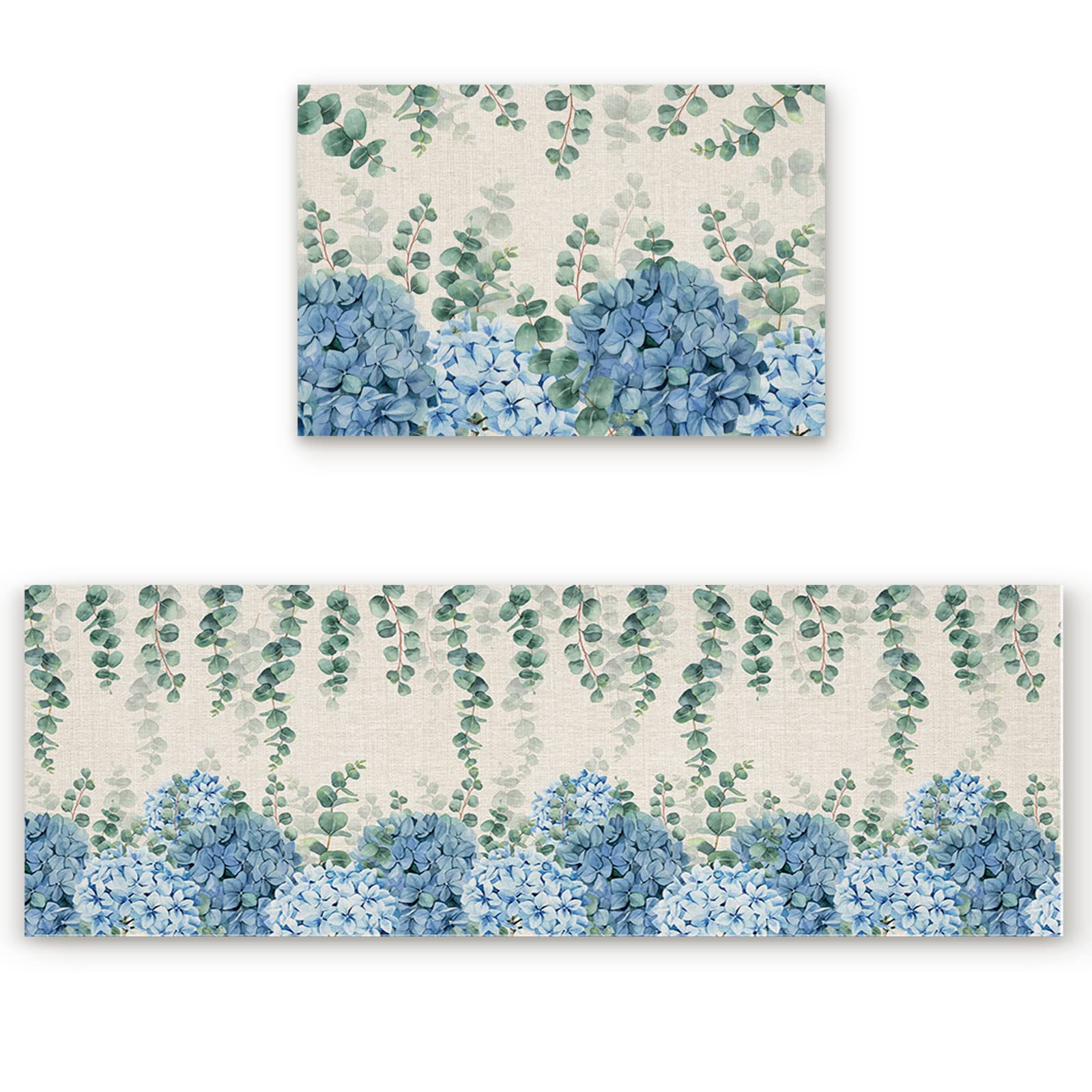 Kitchen Mat Set of 2, Farmhouse Eucalyptus Blue Hydrangea Plants Linen Kitchen Rugs Non-Slip Floor Mat Durable Washable Runner Doormat for Kitchen Office Laundry 19.7'' x 31.5'' + 19.7'' x 63''