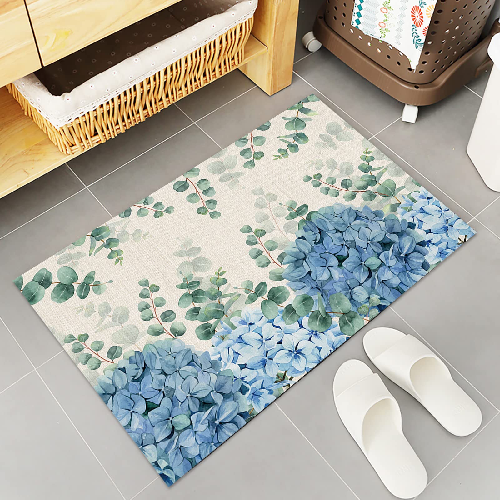 Kitchen Mat Set of 2, Farmhouse Eucalyptus Blue Hydrangea Plants Linen Kitchen Rugs Non-Slip Floor Mat Durable Washable Runner Doormat for Kitchen Office Laundry 19.7'' x 31.5'' + 19.7'' x 63''