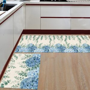 Kitchen Mat Set of 2, Farmhouse Eucalyptus Blue Hydrangea Plants Linen Kitchen Rugs Non-Slip Floor Mat Durable Washable Runner Doormat for Kitchen Office Laundry 19.7'' x 31.5'' + 19.7'' x 63''