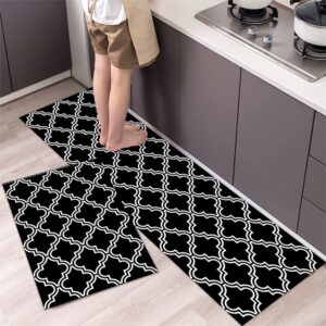 Kitchen Rug Mats Made of 95% Polypropylene 2 Pieces Soft Kitchen Mat for Kitchen, Floor Home, Office, Sink, Laundry,Specialized in Anti Slippery and Machine Washable(16"x48"+16"x24") (Black)