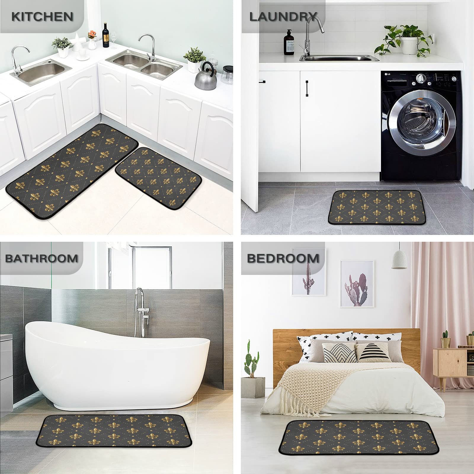 Gold Fleur De Lis Kitchen Mats Kitchen Rugs Runner Laundry Rug Non Slip Floor Door Mats Soft Doormats Carpet Home Decor Set of 2