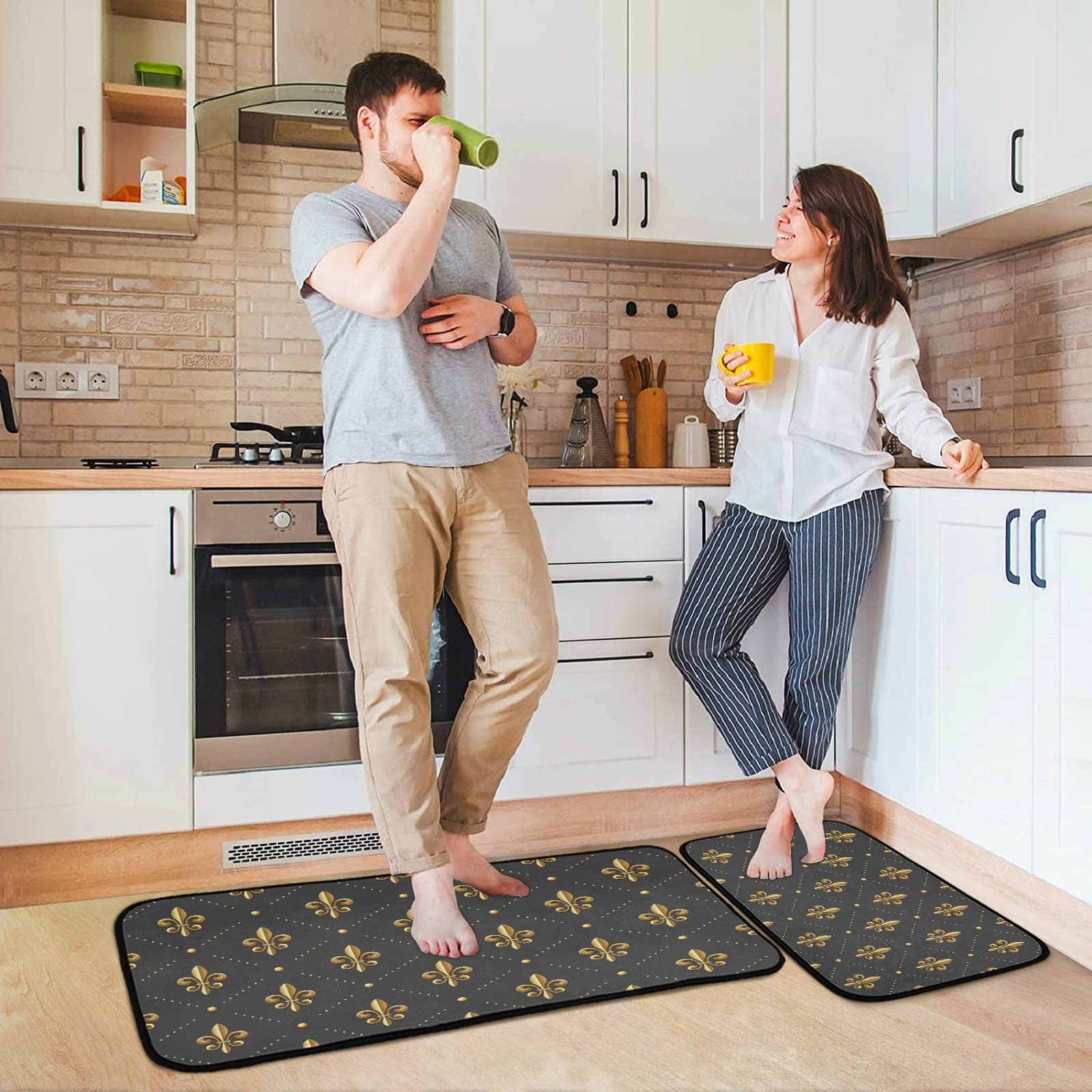 Gold Fleur De Lis Kitchen Mats Kitchen Rugs Runner Laundry Rug Non Slip Floor Door Mats Soft Doormats Carpet Home Decor Set of 2