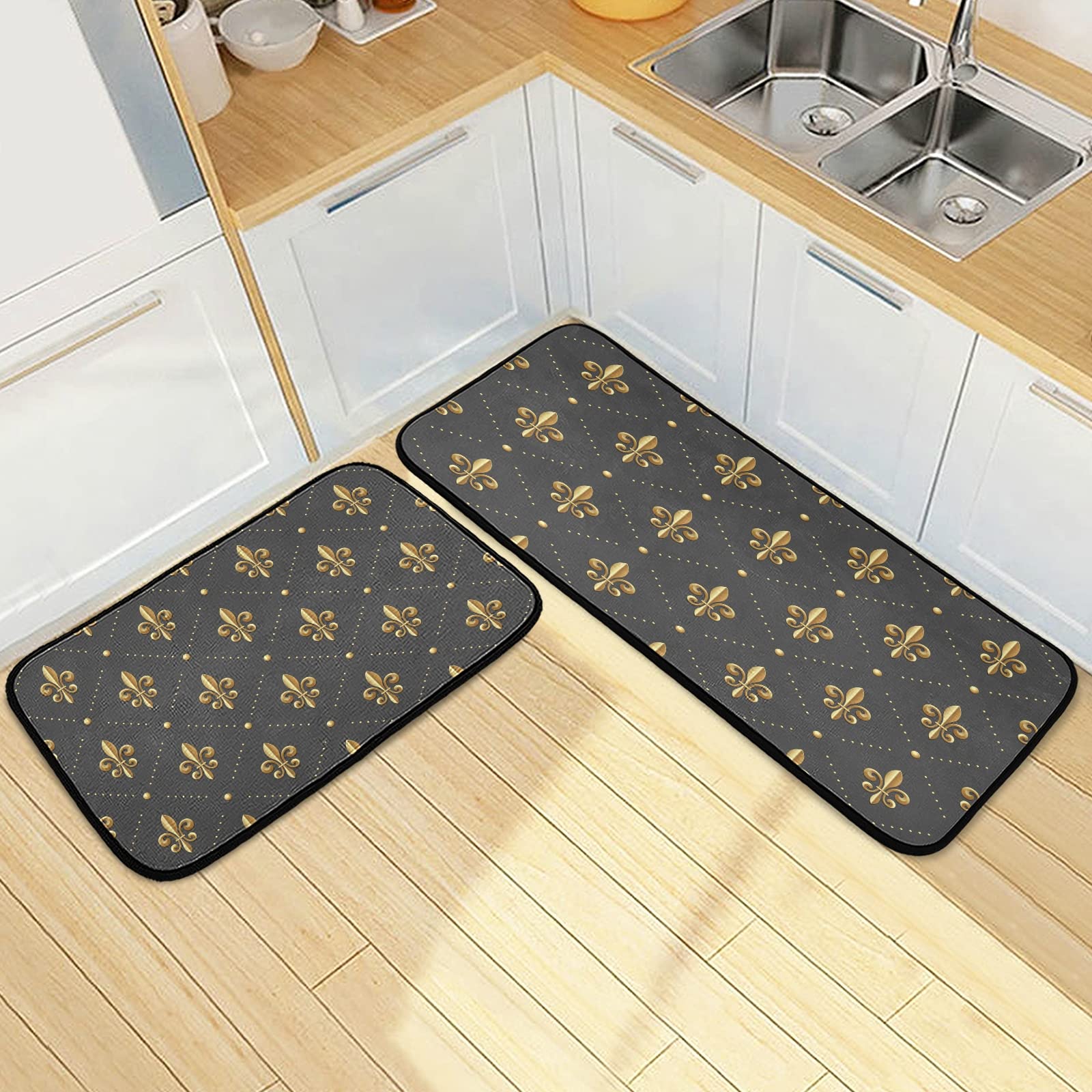 Gold Fleur De Lis Kitchen Mats Kitchen Rugs Runner Laundry Rug Non Slip Floor Door Mats Soft Doormats Carpet Home Decor Set of 2