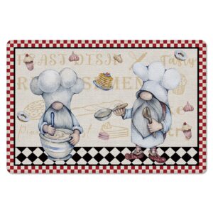 Chef Gnomes Antifatigue Kitchen Bath Door Mat Cushioned Runner Rug,Washable Welcome Floor Sink Mat,Fat Chef Kitchen Decor and Accessories Checkered Black White Red Plaid Comfort Doormat,24"x36"