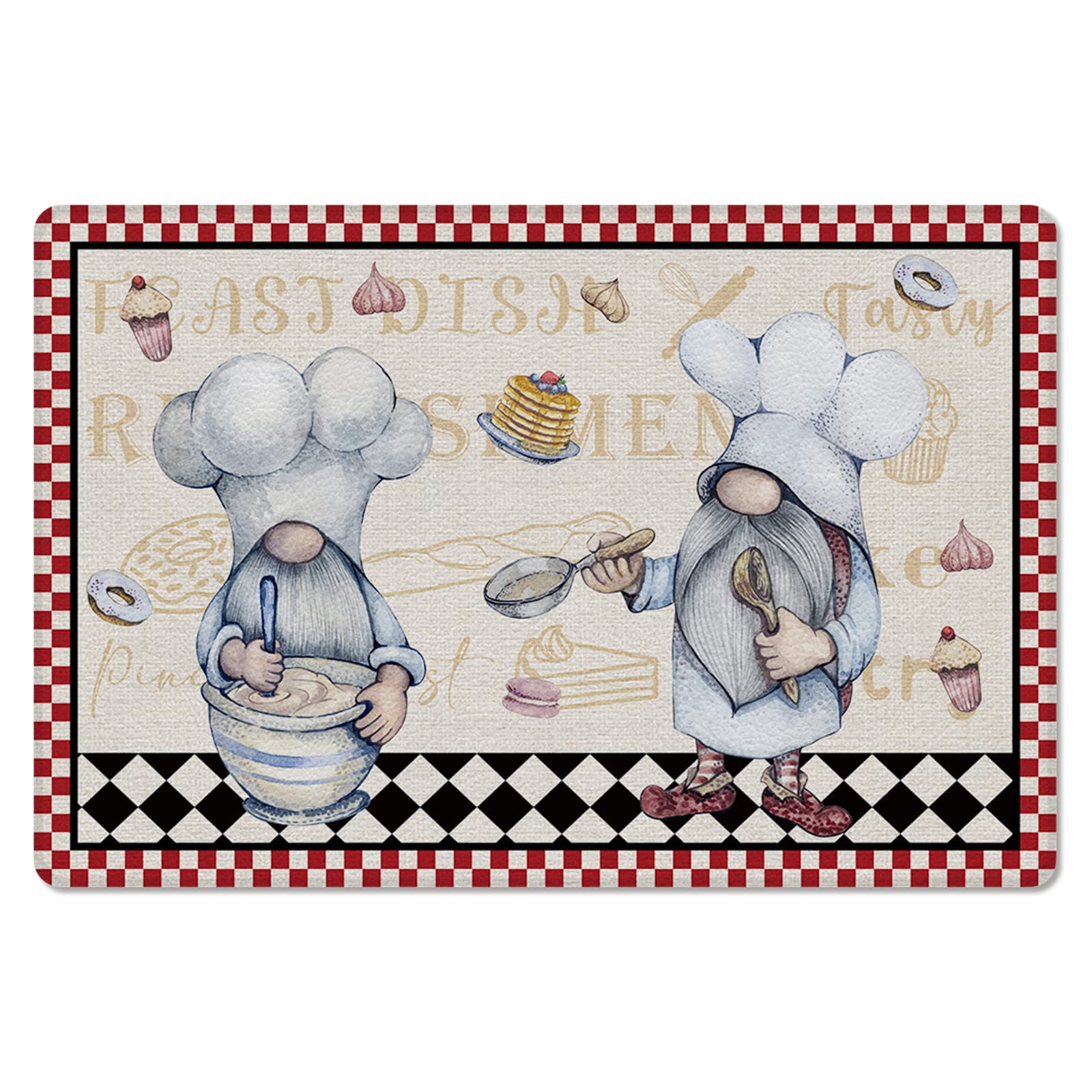 Chef Gnomes Antifatigue Kitchen Bath Door Mat Cushioned Runner Rug,Washable Welcome Floor Sink Mat,Fat Chef Kitchen Decor and Accessories Checkered Black White Red Plaid Comfort Doormat,24"x36"