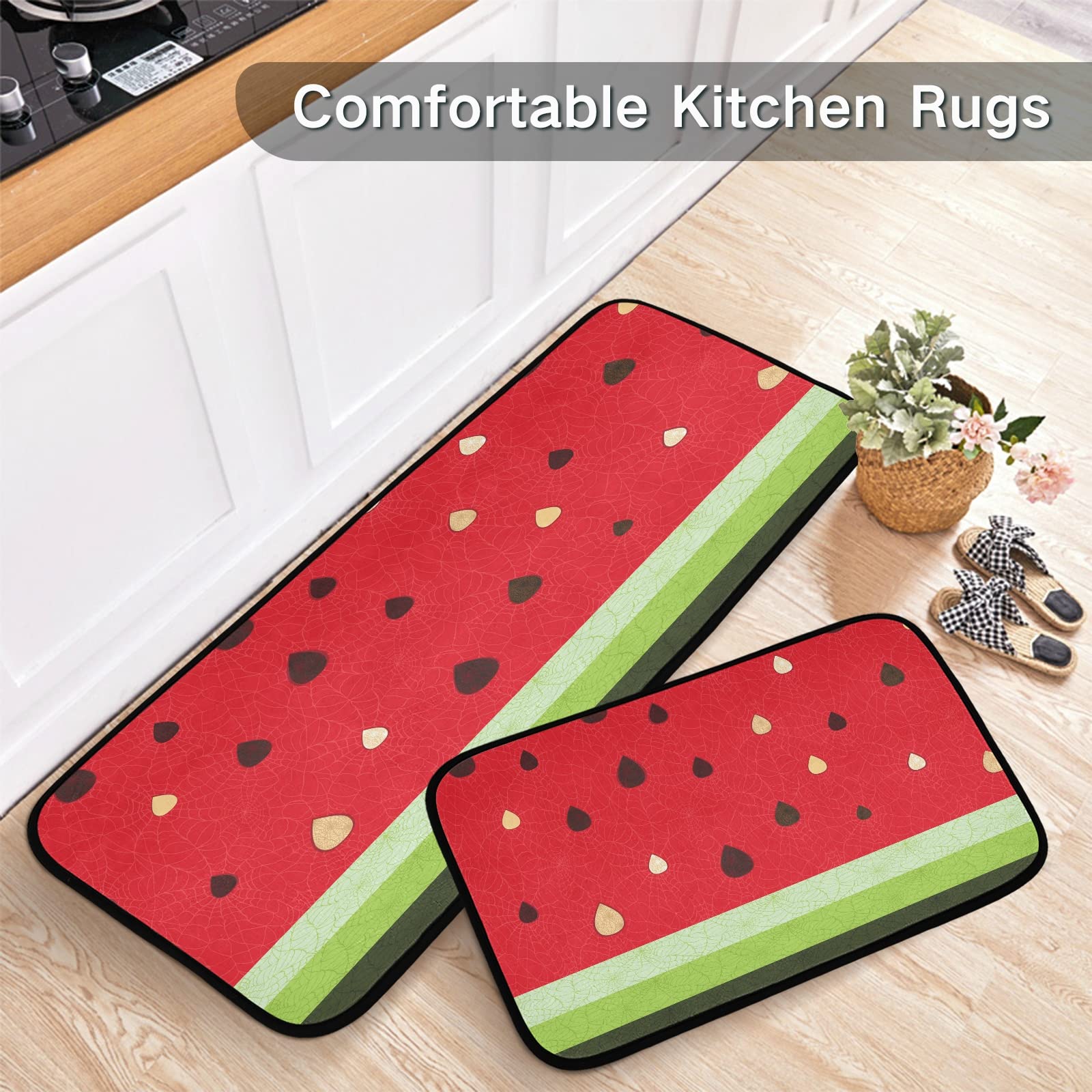 ALAZA Watermelon Red Fruit 2 Piece Kitchen Rug Floor Mat Set Runner Rugs Non-Slip for Kitchen Laundry Office 20" x 28" + 20" x 48"