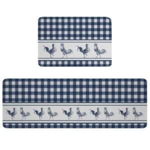 roosters kitchen rugs and mats anti slip washable set of 2, water absorbent kitchen mats, comfort standing mat for laundry, office, in front of sink farmhouse chicken blue plaid vintage style