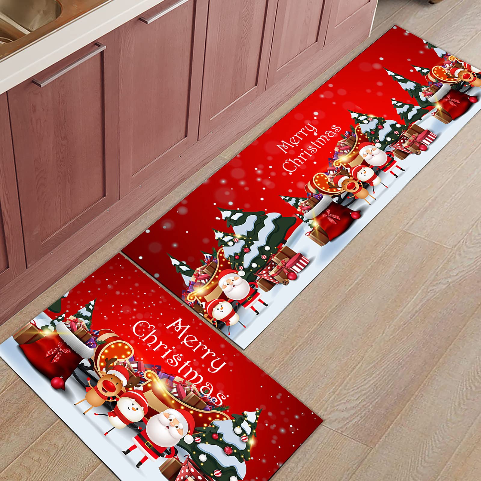 2 Piece Santa Claus Kitchen Rug Set Merry Christmas Snowman Elk Indoor Floor Mats for Winter, Xmas Door Mat Runner Rug Carpet Mat for Kitchen Home Decor (15.7" x 23.6"+15.7" x 47.2")- Snowy Winter Art