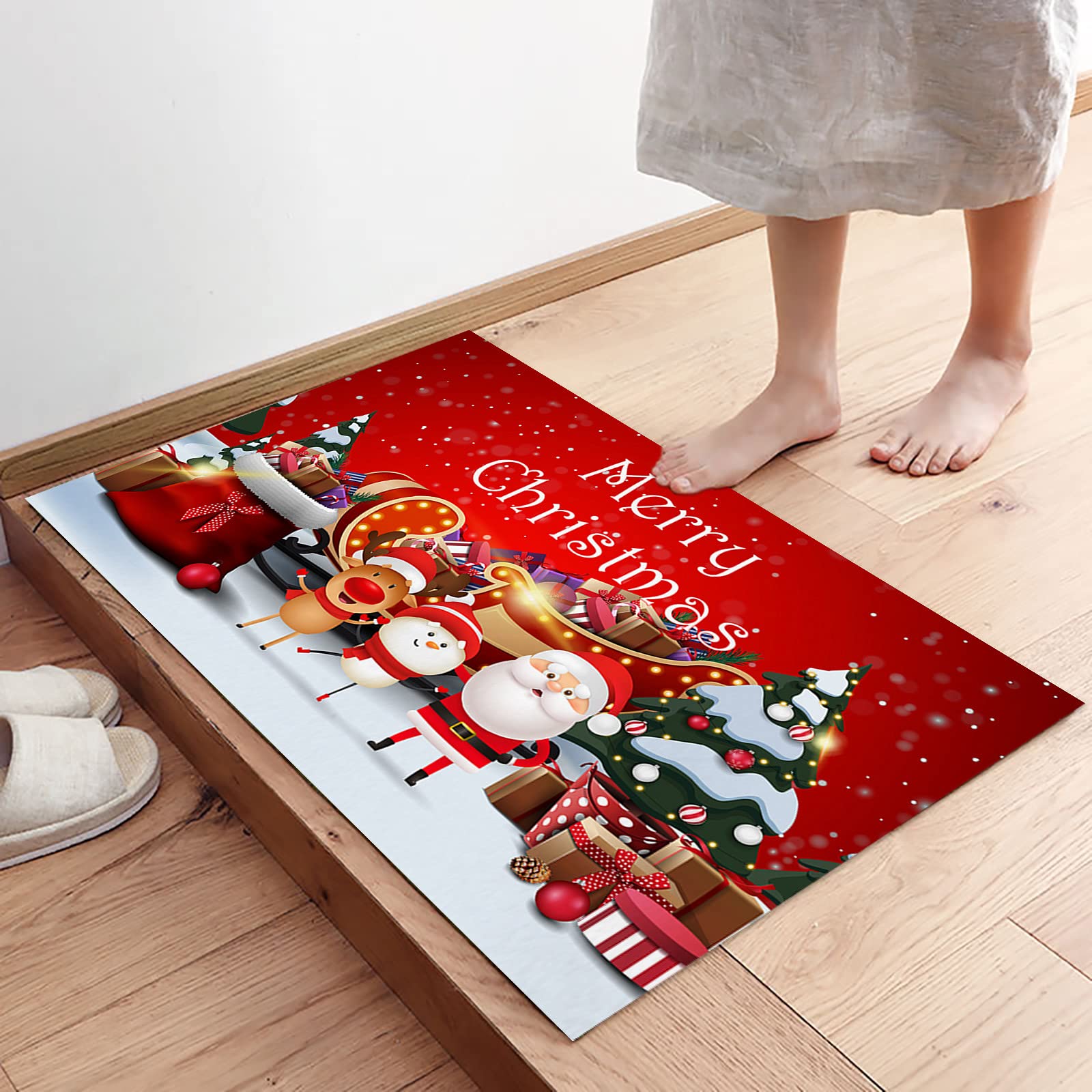 2 Piece Santa Claus Kitchen Rug Set Merry Christmas Snowman Elk Indoor Floor Mats for Winter, Xmas Door Mat Runner Rug Carpet Mat for Kitchen Home Decor (15.7" x 23.6"+15.7" x 47.2")- Snowy Winter Art