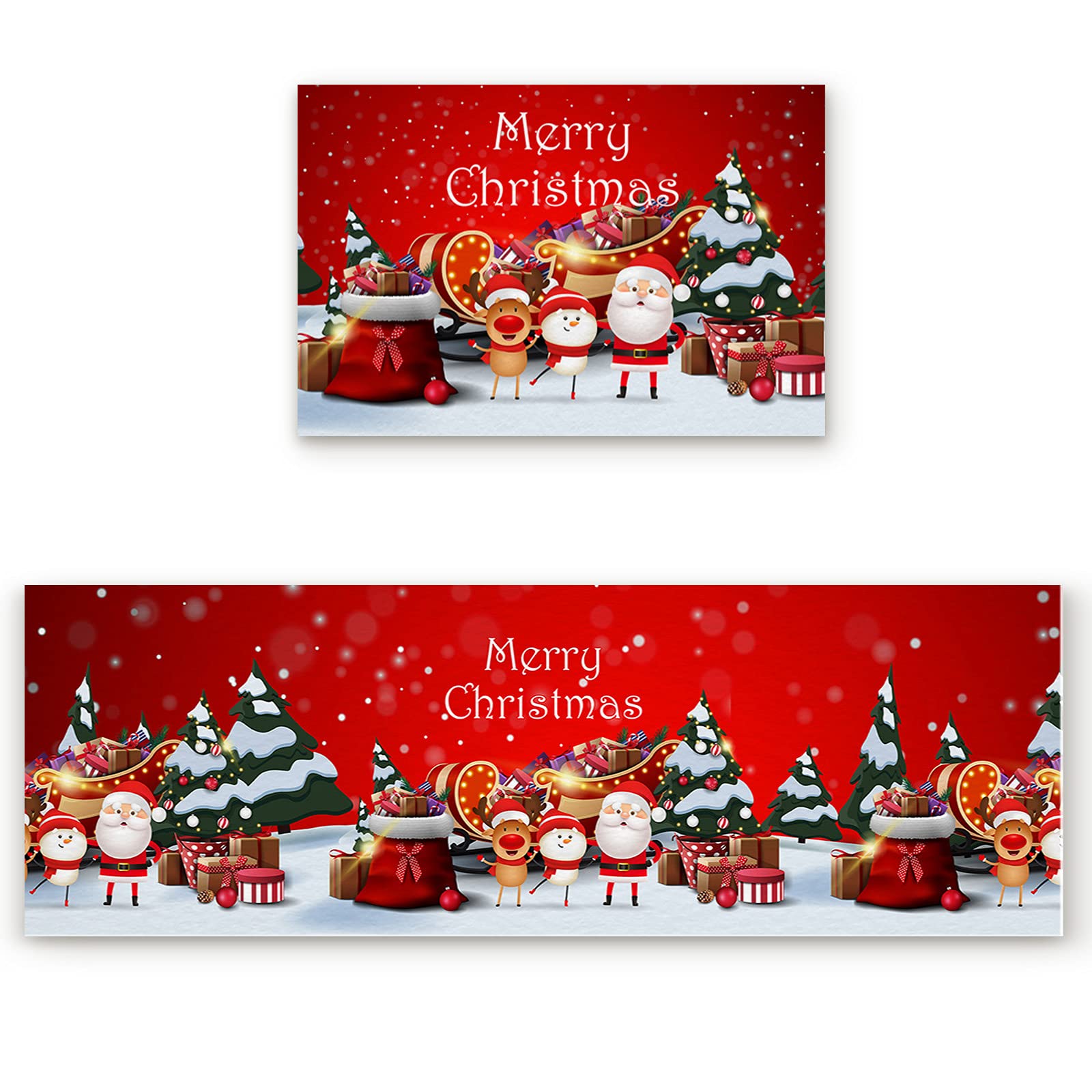 2 Piece Santa Claus Kitchen Rug Set Merry Christmas Snowman Elk Indoor Floor Mats for Winter, Xmas Door Mat Runner Rug Carpet Mat for Kitchen Home Decor (15.7" x 23.6"+15.7" x 47.2")- Snowy Winter Art