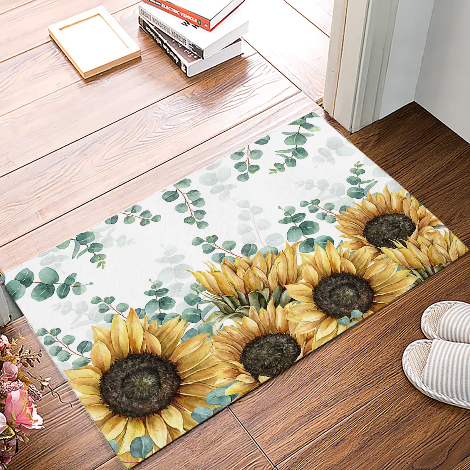 Doormat Bath Rugs Non Slip Farmhouse Eucalyptus Leaf Sunflower Plant Washable Cover Floor Rug Absorbent Carpets Floor Mat Home Decor for Kitchen Bathroom Bedroom (16x24)