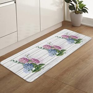 welcome doormat,watercolor hydrangea flowers wood board absorbent non slip bath rug,spring floral art washable carpet for kitchen bathroom front door entryway decor 24x71in