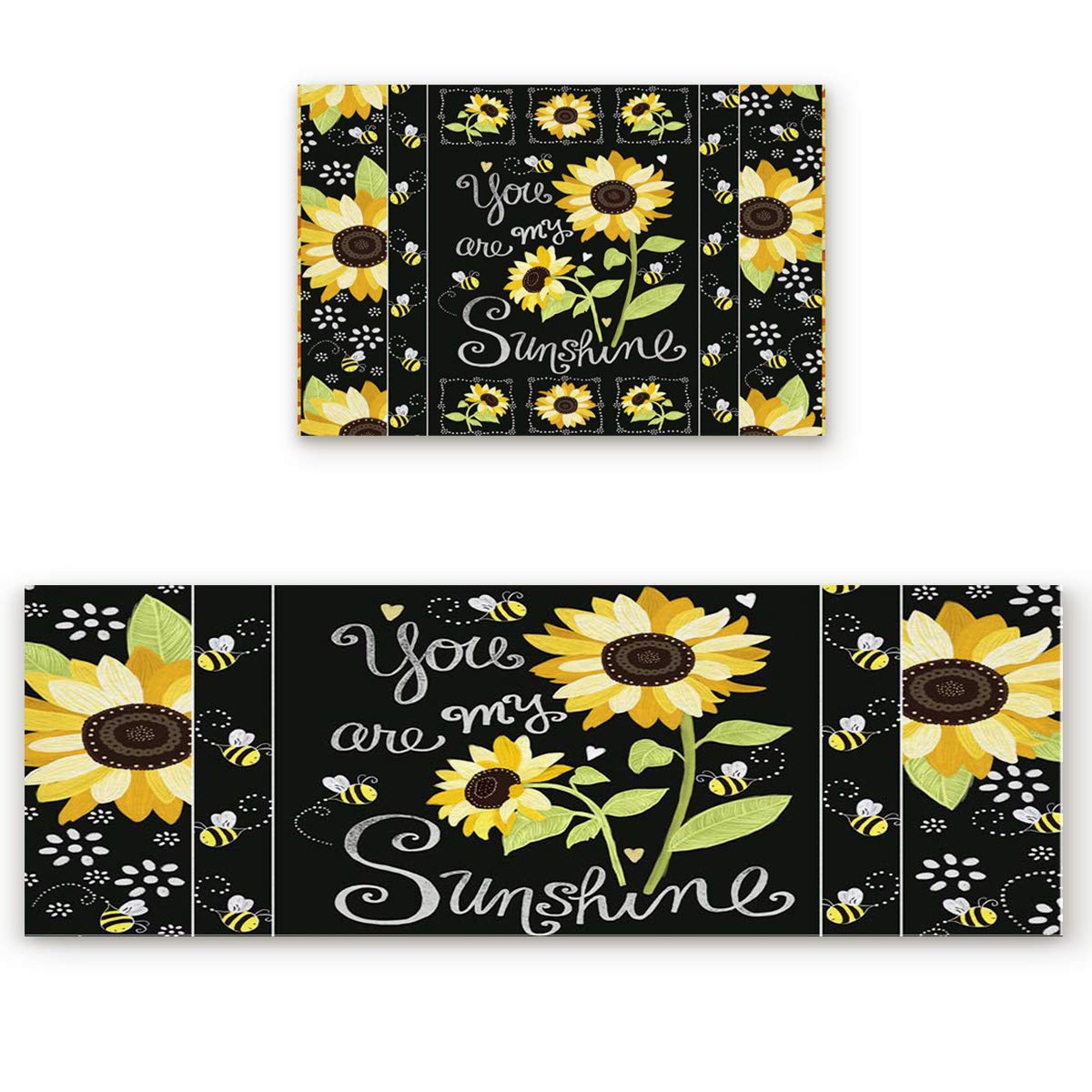 SODIKA Kitchen Rugs and Mats Non Slip Cushioned Anti Fatigue Machine Washable 2 Pieces Rug Set Kitchen Mats for Floor,You are My Sunflowers and Bees Framed Design (15.7"x23.6"+15.7"x47.2" inches)